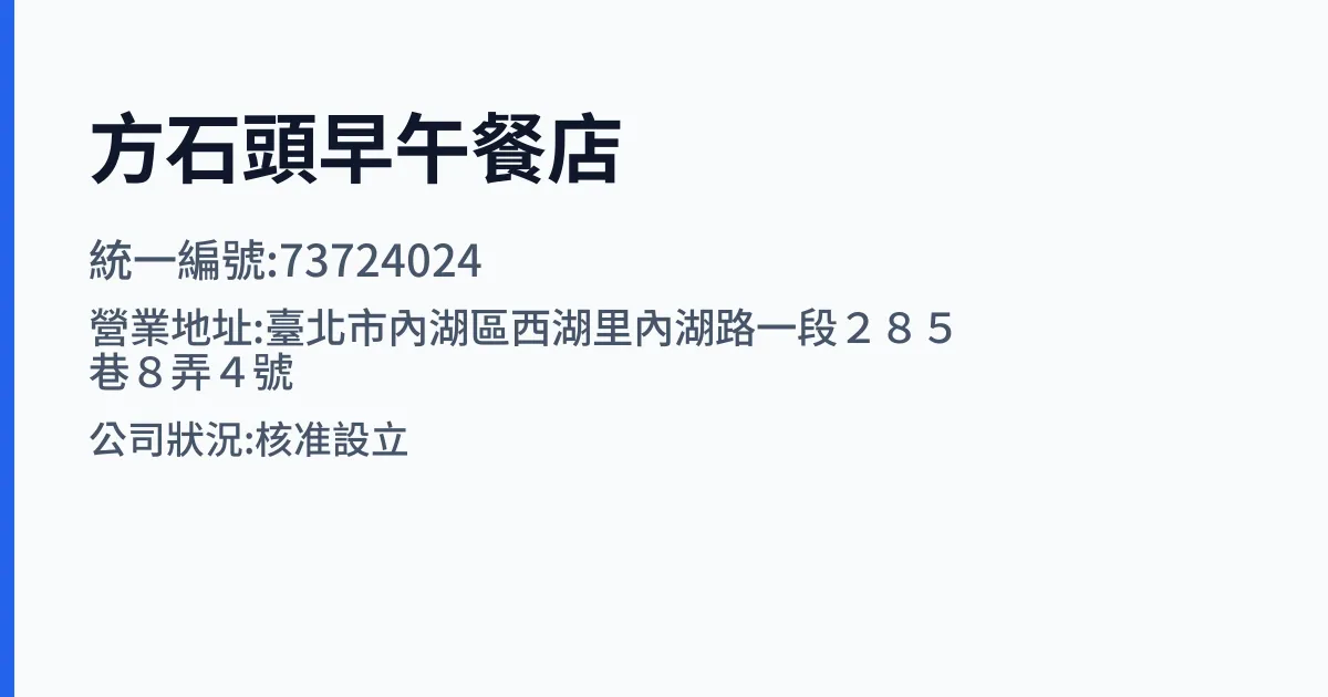 方石頭早午餐店 - 統編 73724024(臺北市) 公司登記資料與營業項目詳細圖表