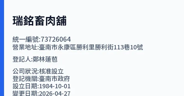 瑞銘畜肉舖的照片-統編 73726064(臺南市) 公司登記資料與營業項目詳細圖表