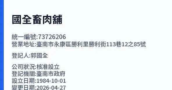 國全畜肉舖的照片-統編 73726206(臺南市) 公司登記資料與營業項目詳細圖表