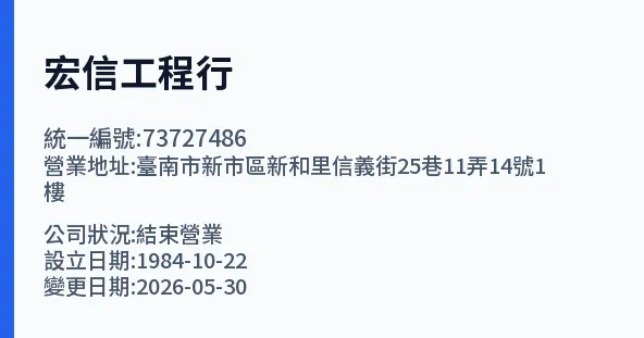 宏信工程行的照片-統編 73727486(臺南市) 公司登記資料與營業項目詳細圖表