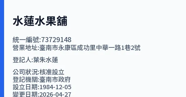水蓮水果舖的照片-統編 73729148(臺南市) 公司登記資料與營業項目詳細圖表