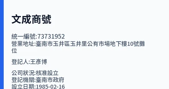 文成商號的照片-統編 73731952(臺南市) 公司登記資料與營業項目詳細圖表