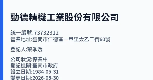 勁德精機工業股份有限公司的照片-統編 73732312(臺南市) 公司登記資料與營業項目詳細圖表