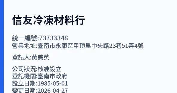 信友冷凍材料行的照片-統編 73733348(臺南市) 公司登記資料與營業項目詳細圖表