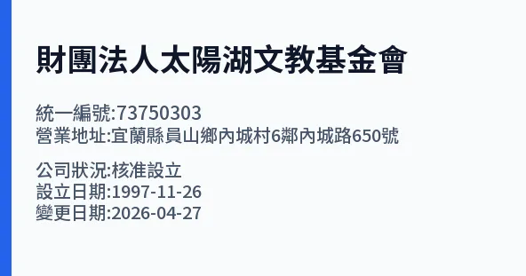 財團法人太陽湖文教基金會的照片-統編 73750303(宜蘭縣) 公司登記資料與營業項目詳細圖表