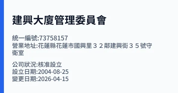 建興大廈管理委員會的照片-統編 73758157(花蓮縣) 公司登記資料與營業項目詳細圖表