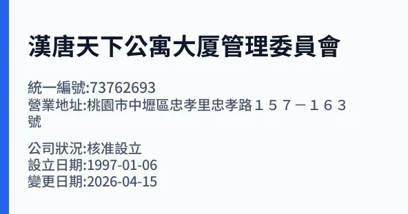 漢唐天下公寓大厦管理委員會的照片-統編 73762693(桃園市) 公司登記資料與營業項目詳細圖表