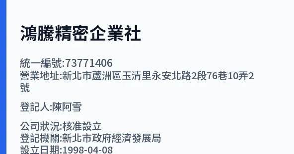 鴻騰精密企業社的照片-統編 73771406(新北市) 公司登記資料與營業項目詳細圖表