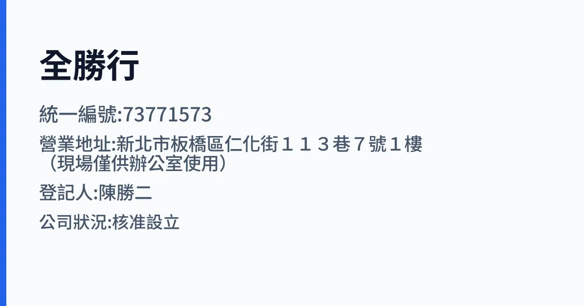 全勝行 - 統編 73771573(新北市) 公司登記資料與營業項目詳細圖表