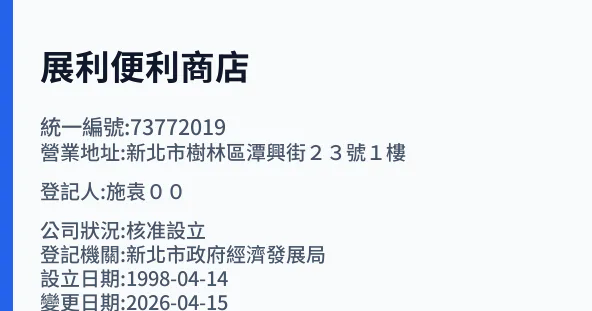 展利便利商店的照片-統編 73772019(新北市) 公司登記資料與營業項目詳細圖表
