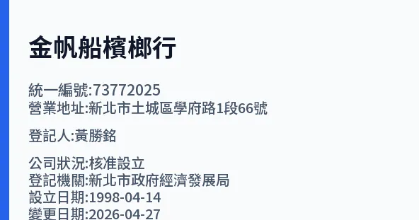 金帆船檳榔行的照片-統編 73772025(新北市) 公司登記資料與營業項目詳細圖表