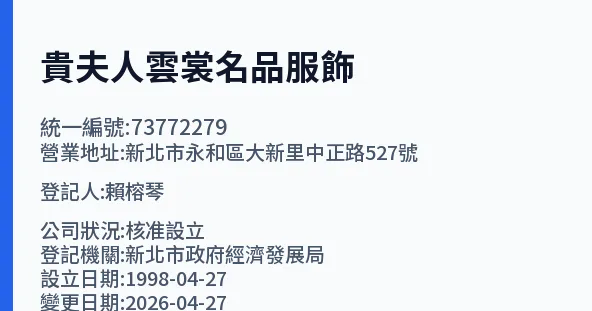 貴夫人雲裳名品服飾的照片-統編 73772279(新北市) 公司登記資料與營業項目詳細圖表