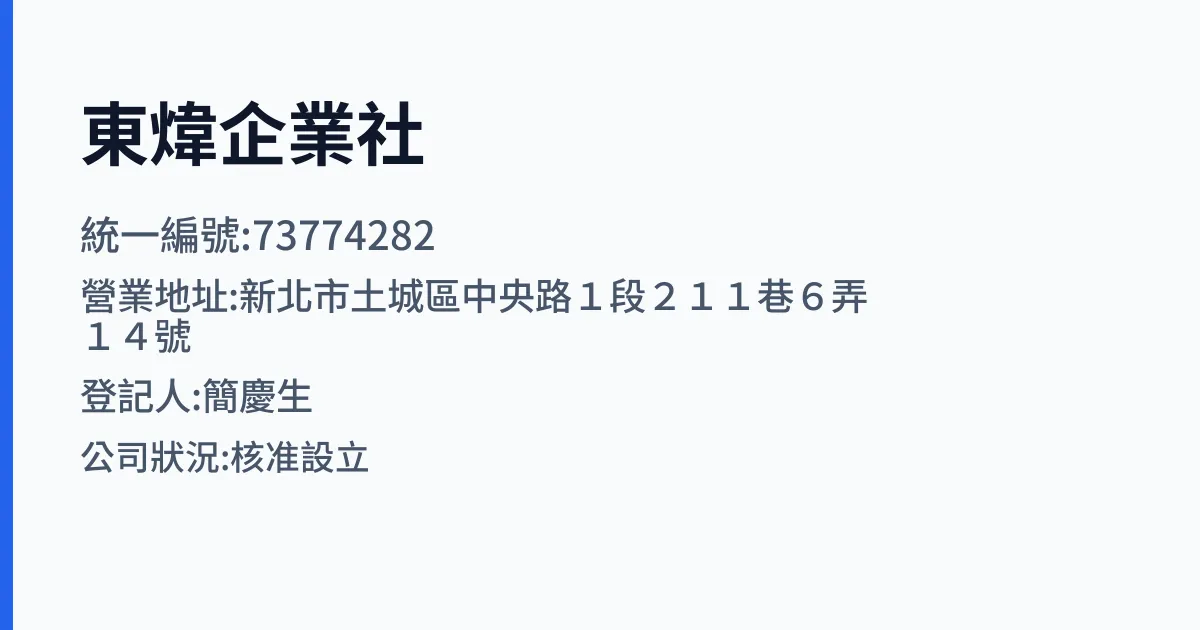 東煒企業社 - 統編 73774282(新北市) 公司登記資料與營業項目詳細圖表