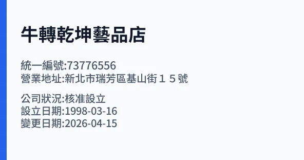 牛轉乾坤藝品店的照片-統編 73776556(新北市) 公司登記資料與營業項目詳細圖表