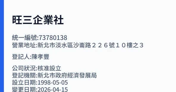 旺三企業社的照片-統編 73780138(新北市) 公司登記資料與營業項目詳細圖表