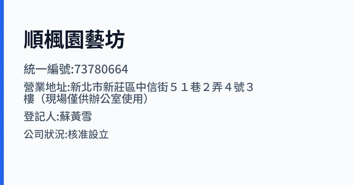 順楓園藝坊 - 統編 73780664(新北市) 公司登記資料與營業項目詳細圖表