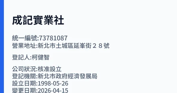 成記實業社的照片-統編 73781087(新北市) 公司登記資料與營業項目詳細圖表
