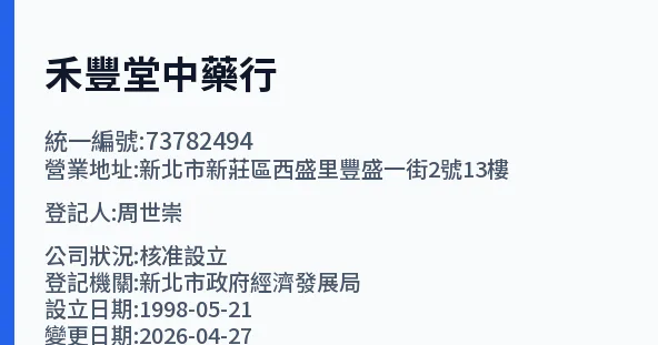 禾豐堂中藥行的照片-統編 73782494(新北市) 公司登記資料與營業項目詳細圖表