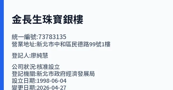 金長生珠寶銀樓的照片-統編 73783135(新北市) 公司登記資料與營業項目詳細圖表