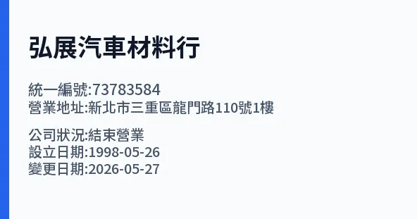 弘展汽車材料行的照片-統編 73783584(新北市) 公司登記資料與營業項目詳細圖表