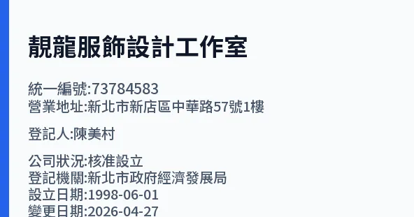 靚龍服飾設計工作室的照片-統編 73784583(新北市) 公司登記資料與營業項目詳細圖表