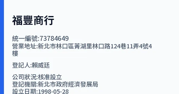 福豐商行的照片-統編 73784649(新北市) 公司登記資料與營業項目詳細圖表