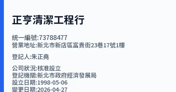 正亨清潔工程行的照片-統編 73788477(新北市) 公司登記資料與營業項目詳細圖表
