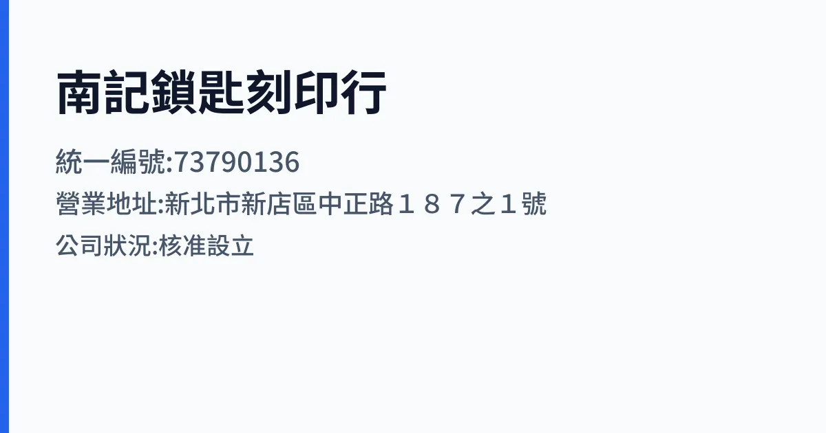 南記鎖匙刻印行 - 統編 73790136(新北市) 公司登記資料與營業項目詳細圖表