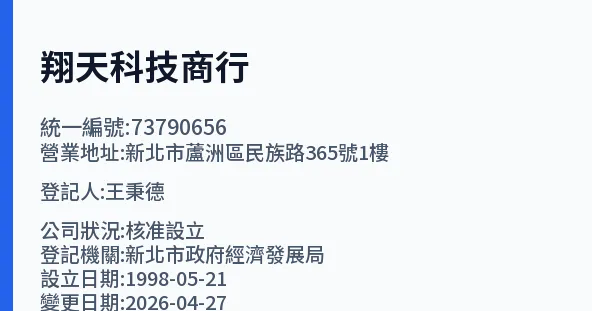 翔天科技商行的照片-統編 73790656(新北市) 公司登記資料與營業項目詳細圖表
