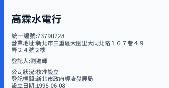 高霖水電行的照片-統編 73790728(新北市) 公司登記資料與營業項目詳細圖表