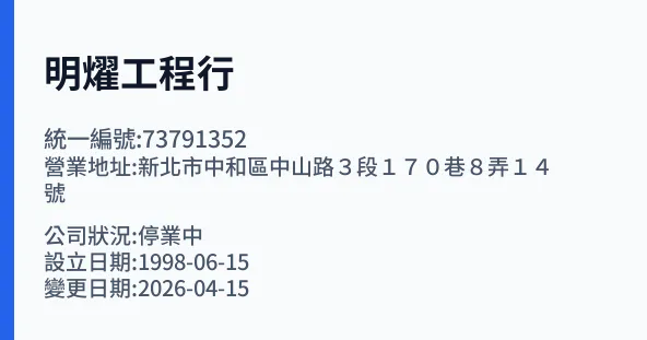 明燿工程行的照片-統編 73791352(新北市) 公司登記資料與營業項目詳細圖表