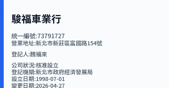 駿福車業行的照片-統編 73791727(新北市) 公司登記資料與營業項目詳細圖表