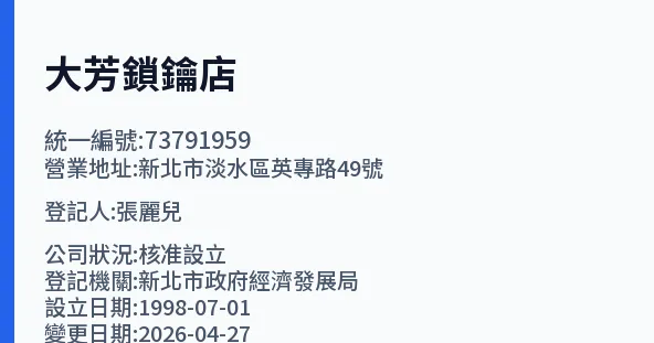 大芳鎖鑰店的照片-統編 73791959(新北市) 公司登記資料與營業項目詳細圖表