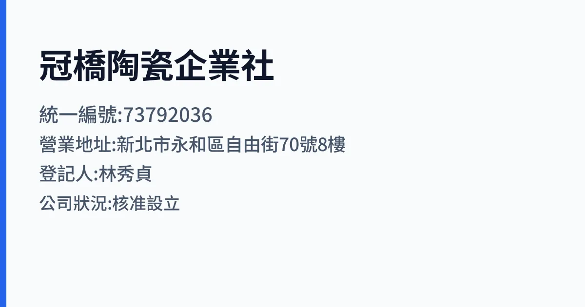 冠橋陶瓷企業社 - 統編 73792036(新北市) 公司登記資料與營業項目詳細圖表