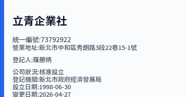 立青企業社的照片-統編 73792922(新北市) 公司登記資料與營業項目詳細圖表