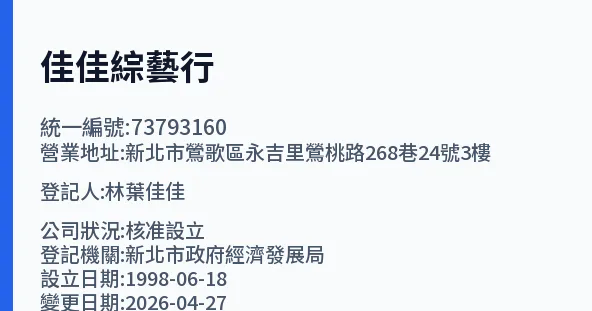 佳佳綜藝行的照片-統編 73793160(新北市) 公司登記資料與營業項目詳細圖表