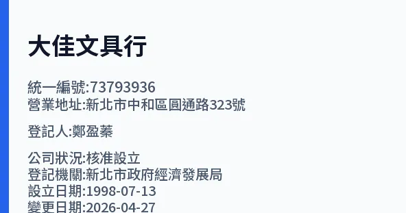 大佳文具行的照片-統編 73793936(新北市) 公司登記資料與營業項目詳細圖表