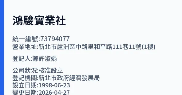 鴻駿實業社的照片-統編 73794077(新北市) 公司登記資料與營業項目詳細圖表
