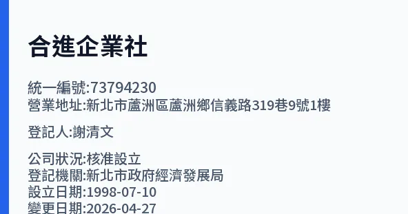 合進企業社的照片-統編 73794230(新北市) 公司登記資料與營業項目詳細圖表