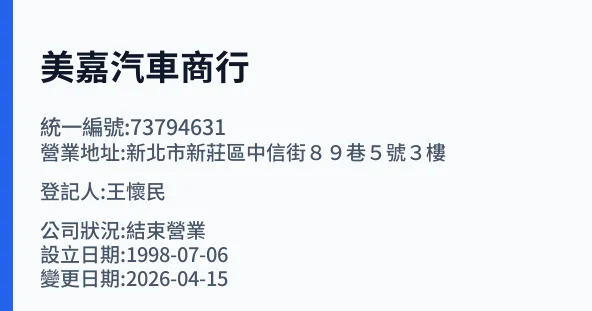 美嘉汽車商行的照片-統編 73794631(新北市) 公司登記資料與營業項目詳細圖表