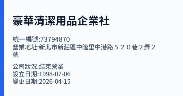 豪華清潔用品企業社的照片-統編 73794870(新北市) 公司登記資料與營業項目詳細圖表