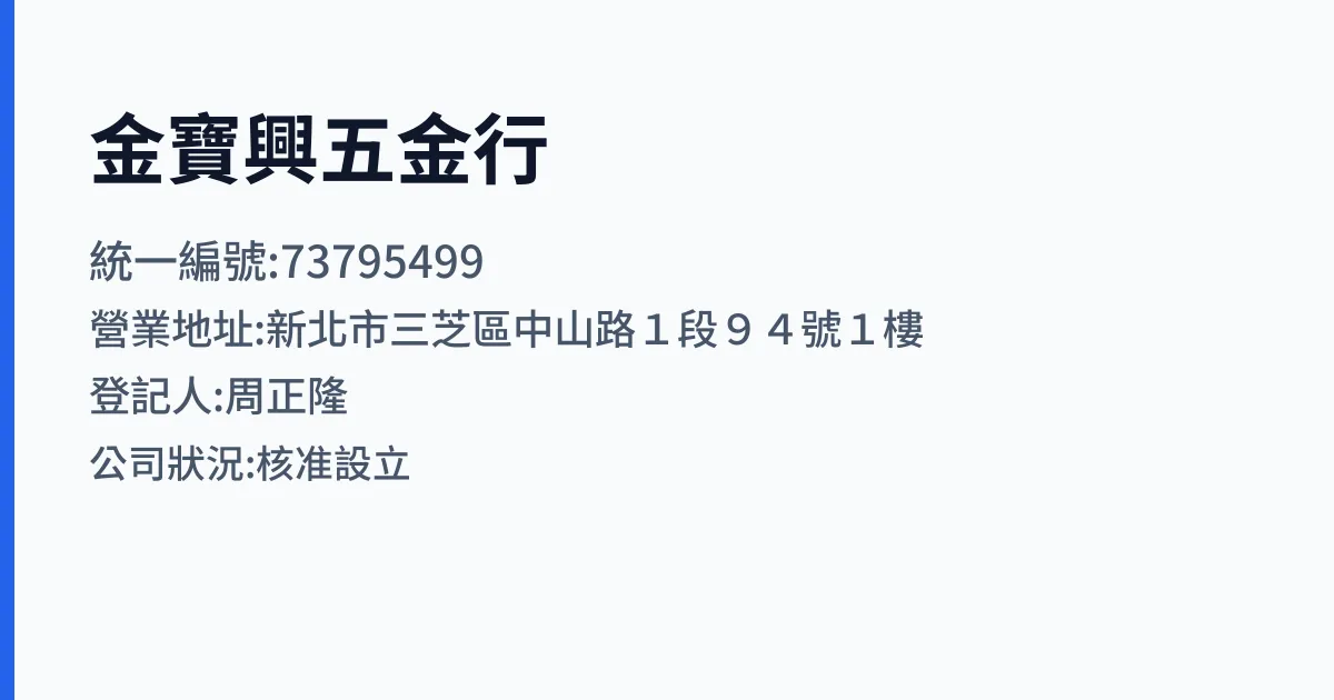 金寶興五金行 - 統編 73795499(新北市) 公司登記資料與營業項目詳細圖表