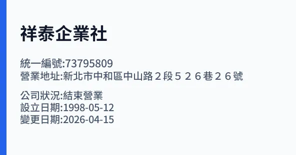祥泰企業社的照片-統編 73795809(新北市) 公司登記資料與營業項目詳細圖表