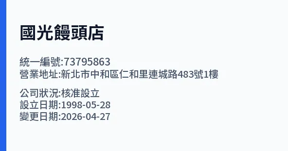 國光饅頭店的照片-統編 73795863(新北市) 公司登記資料與營業項目詳細圖表