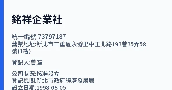 銘祥企業社的照片-統編 73797187(新北市) 公司登記資料與營業項目詳細圖表