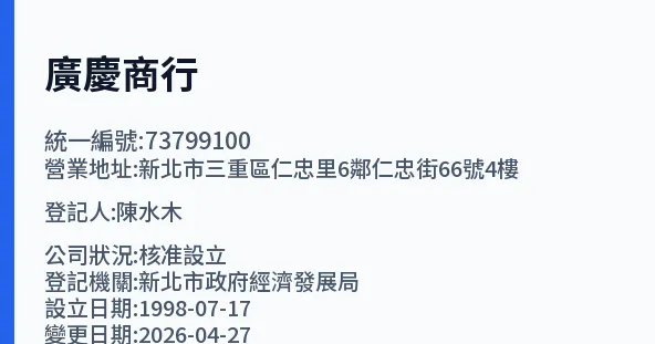 廣慶商行的照片-統編 73799100(新北市) 公司登記資料與營業項目詳細圖表