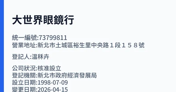 大世界眼鏡行的照片-統編 73799811(新北市) 公司登記資料與營業項目詳細圖表