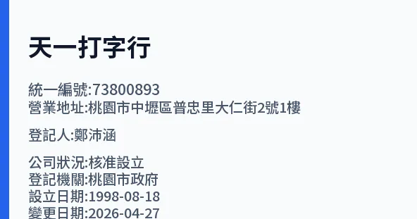 天一打字行的照片-統編 73800893(桃園市) 公司登記資料與營業項目詳細圖表