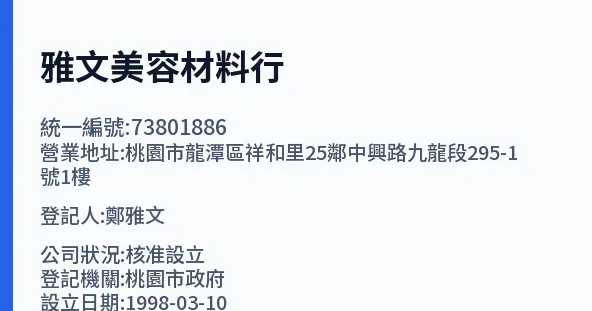 雅文美容材料行的照片-統編 73801886(桃園市) 公司登記資料與營業項目詳細圖表