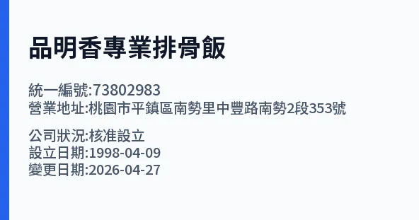 品明香專業排骨飯的照片-統編 73802983(桃園市) 公司登記資料與營業項目詳細圖表